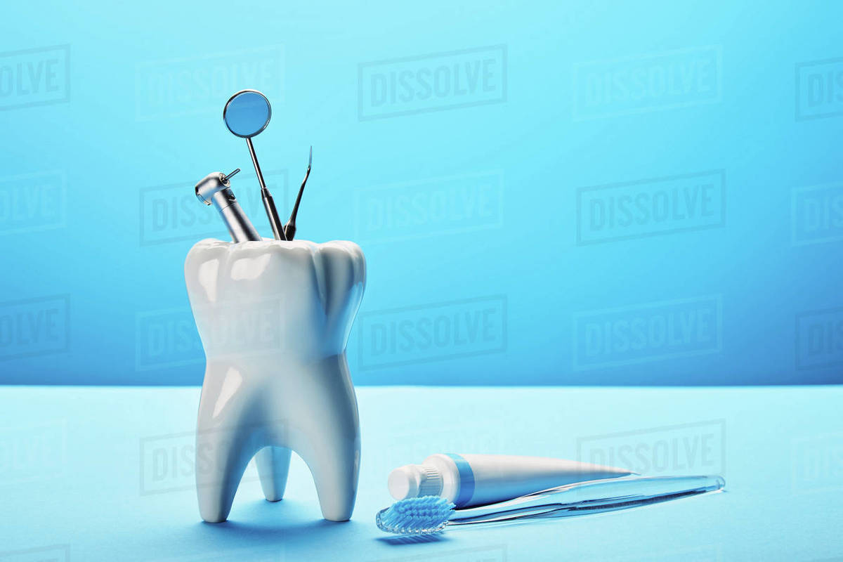 Close up view of white tooth model, toothbrush, toothpaste and ...