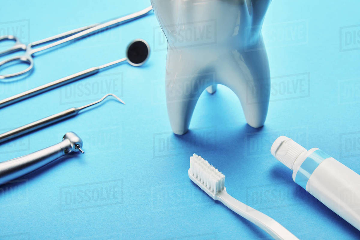 Close up view of white tooth model, toothbrush, toothpaste and ...