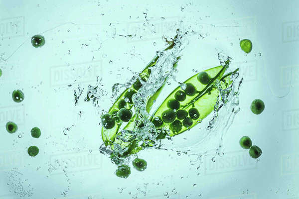 Fresh green peas floating in water with splash on blue - Royalty-free ...