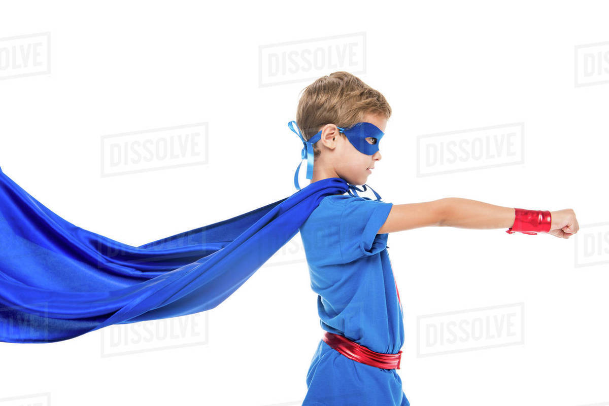 Little superhero boy with waving cape isolated on white - Royalty-free ...