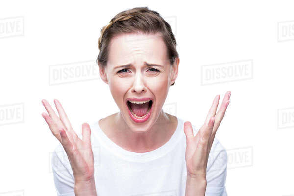 Portrait of attractive screaming woman in white t-shirt, isolated on ...