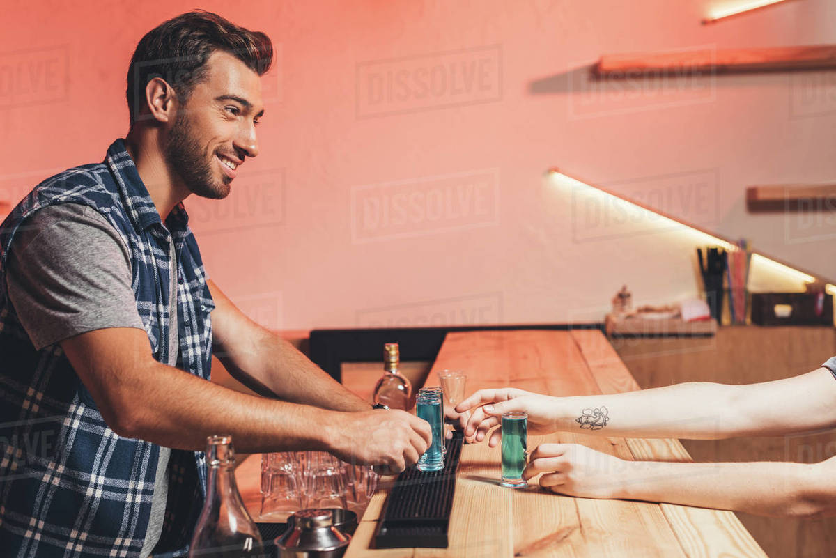 Side view of smiling barman looking a visitor at counter in bar ...