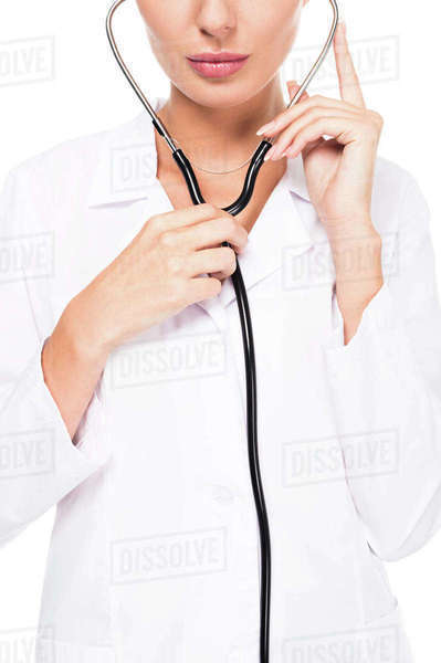 Cropped shot of doctor in white coat with medical stethoscope isolated ...