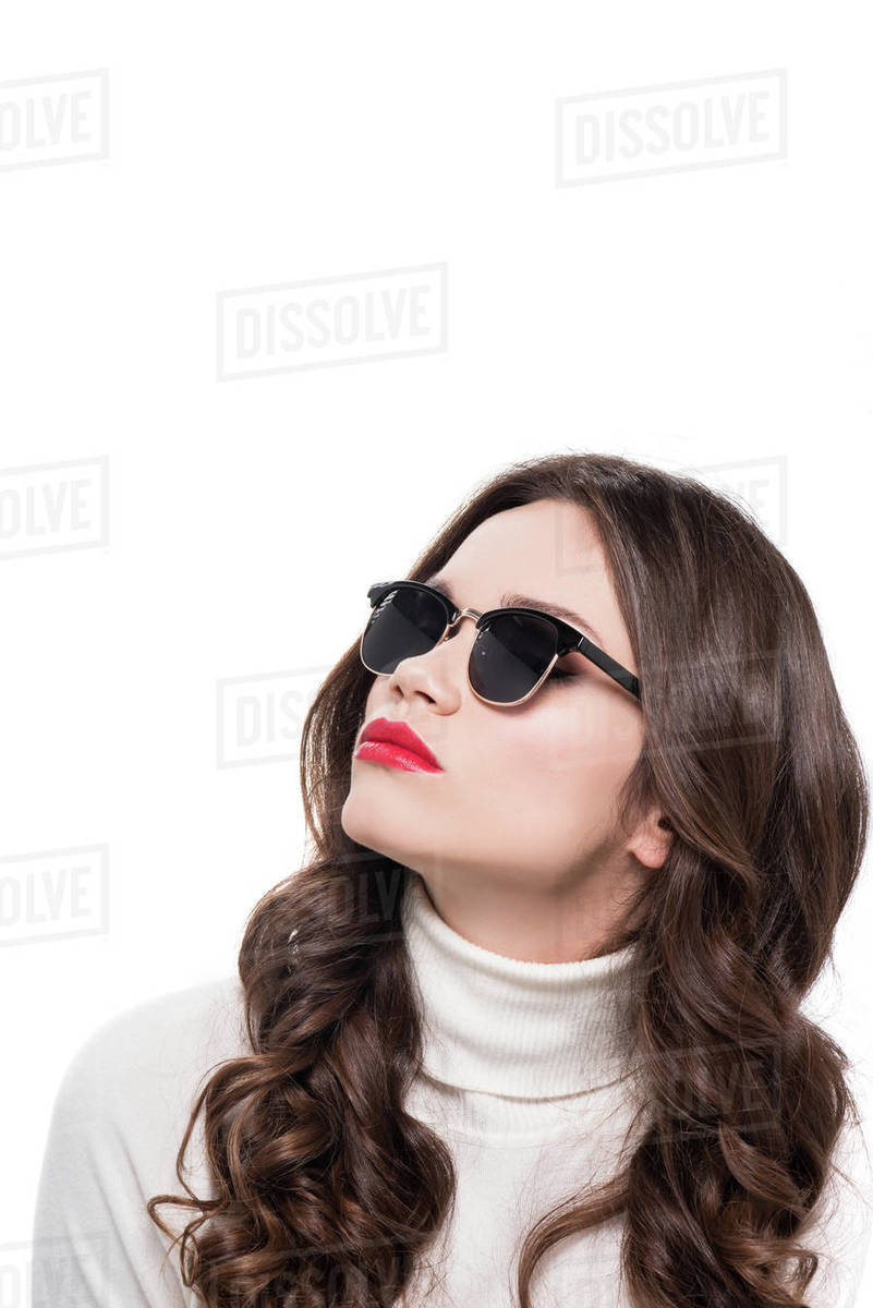Portrait of young good-looking woman with bright makeup wearing trendy ...