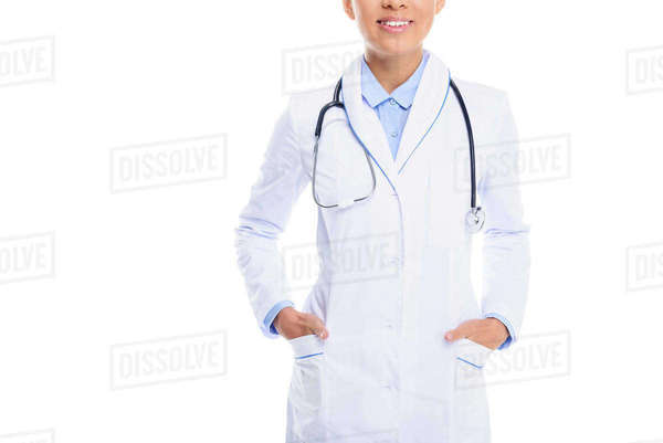 Cropped view of doctor in white coat with stethoscope, isolated on ...