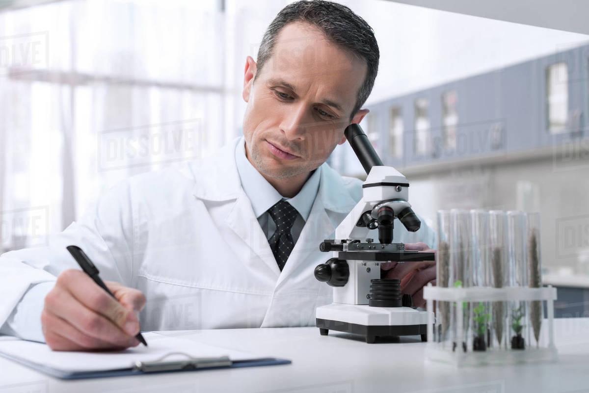 Professional lab technician taking notes while doing microscope sample ...