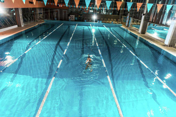 Overhead view of swimmer in competition swimming pool - Royalty-free ...