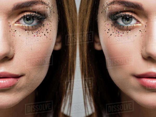 Face of beautiful young woman with glossy makeup before and after ...