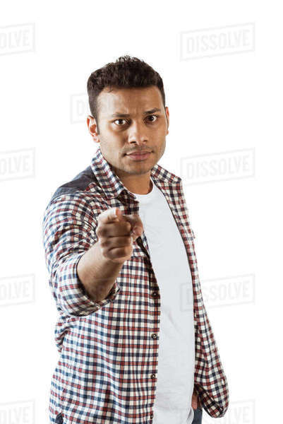 Portrait of serious man pointing at camera isolated on white - Royalty ...