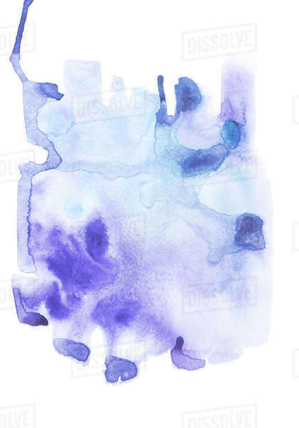 Abstract painting with blue watercolor paint blots and strokes on white ...