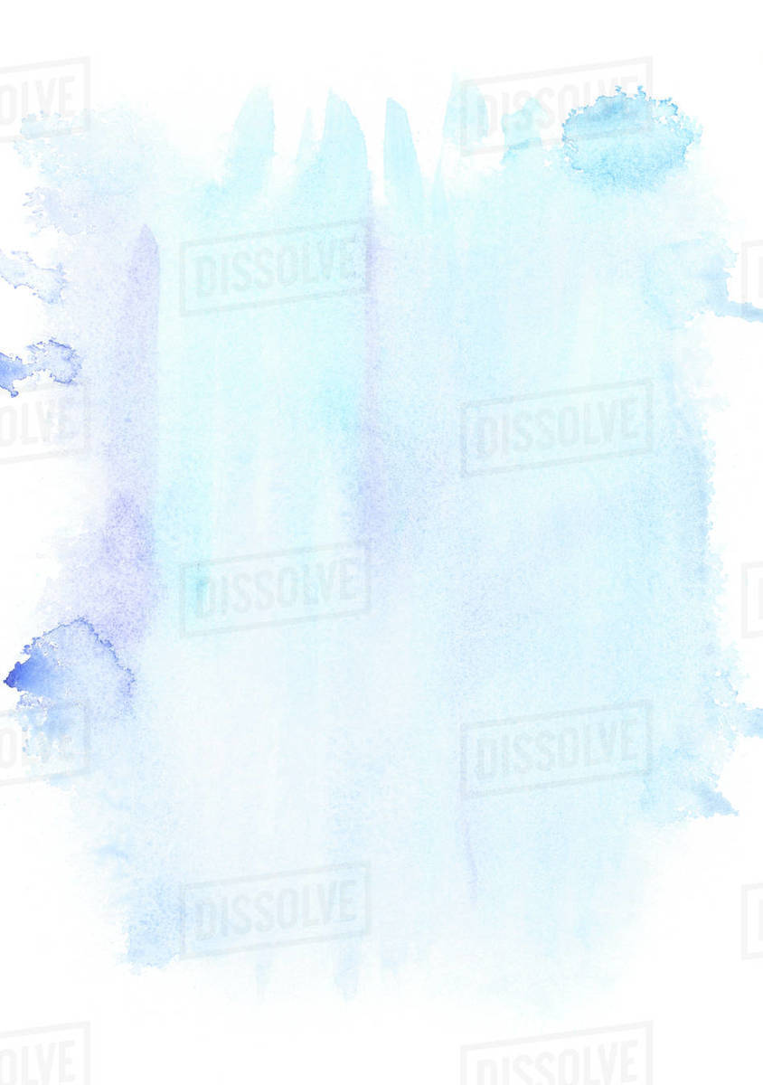 Abstract painting with light blue paint blots and strokes on white ...