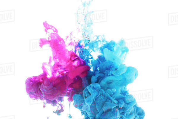 Mixing of blue and pink paint splashes isolated on white - Stock Photo ...