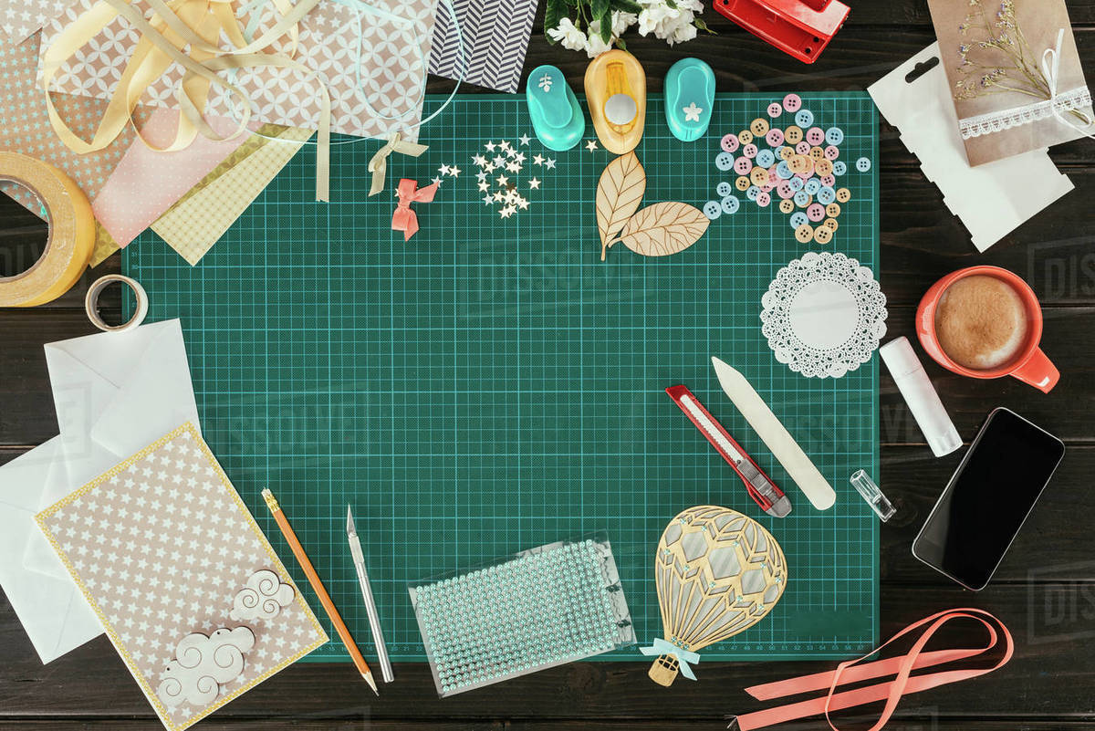 Top view of table with elements for scrapbooking postcard - Royalty ...