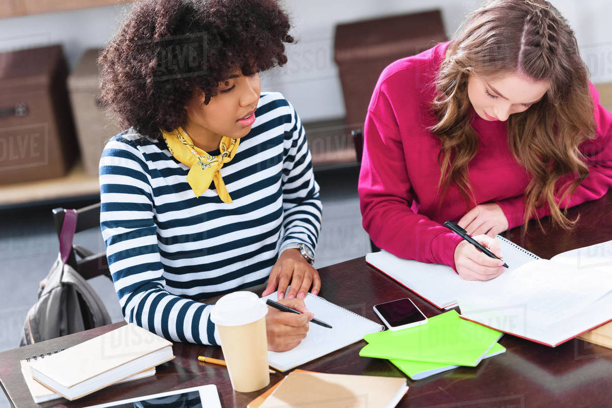 Portrait of young multicultural students doing homework together ...