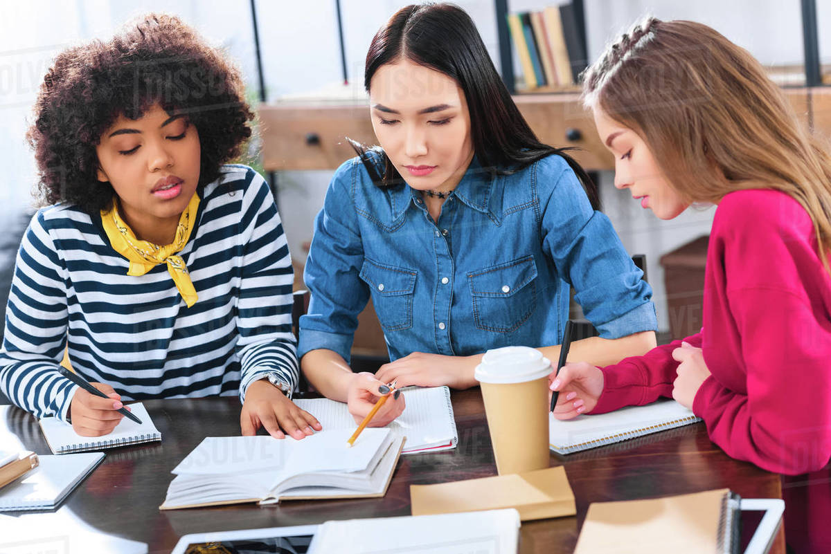 Portrait of focused multiracial students doing homework together ...