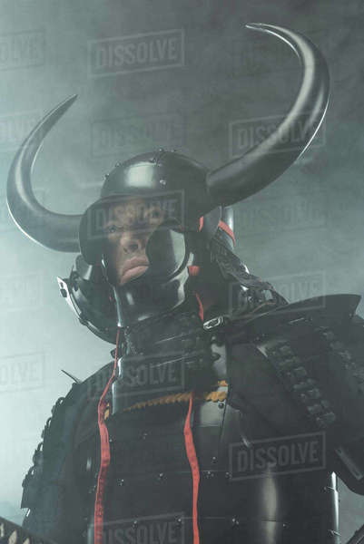 Bottom view of samurai in traditional armor on dark background with ...