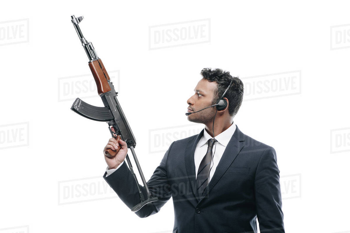 African american bodyguard with rifle and headset, isolated on white ...