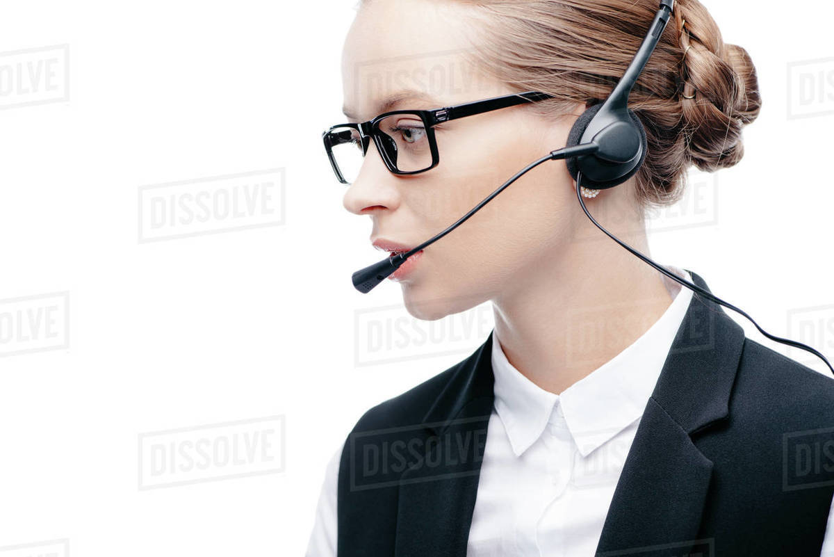 Female operator working with headset, isolated on white - Royalty-free ...