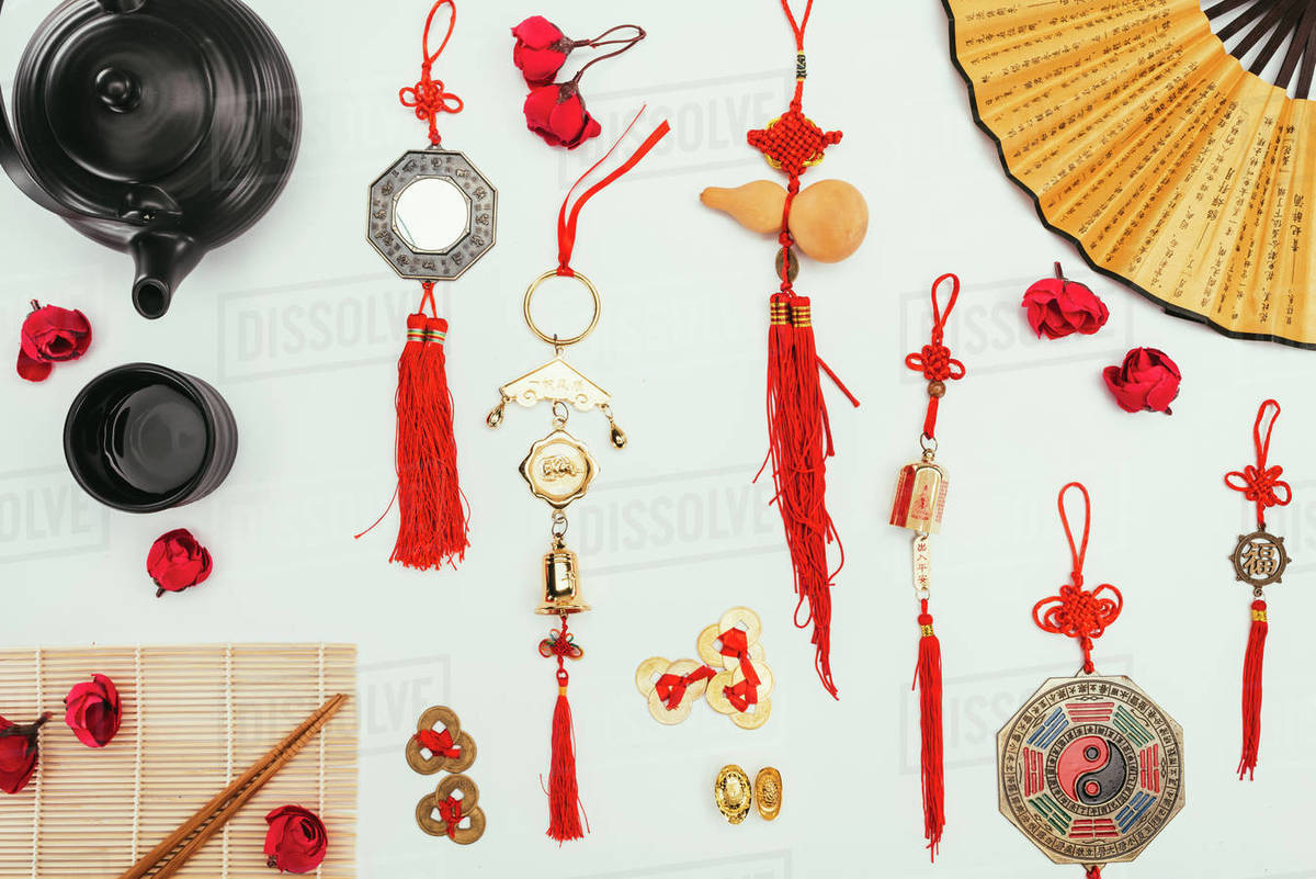 Top view of traditional chinese stuff isolated on white, Chinese New ...