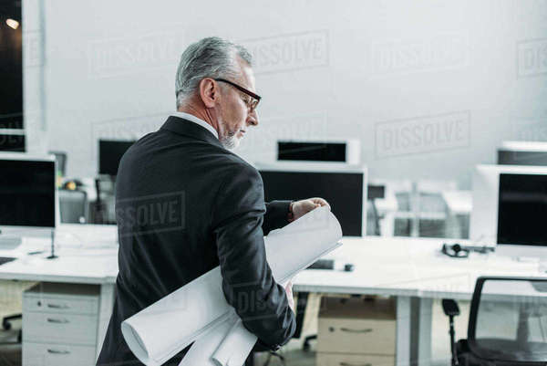 Back view of senior businessman with blueprints in office - Royalty ...