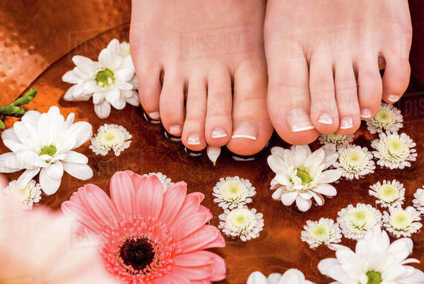 Cropped view of woman making spa procedure with flowers for feet ...