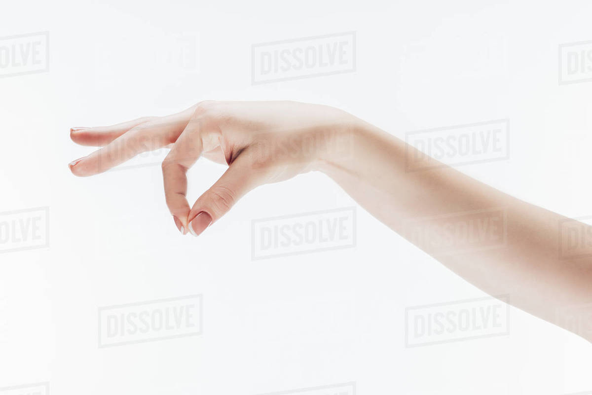 Cropped shot of female hand with pinch gesture isolated on white ...