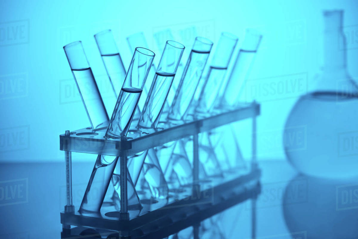 Glass tubes with liquid on stand for chemical analysis in laboratory on ...