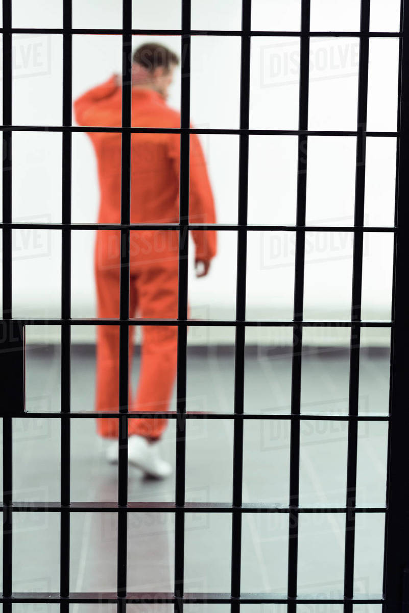 Rear view of prisoner in prison cell with metallic bars on foreground ...