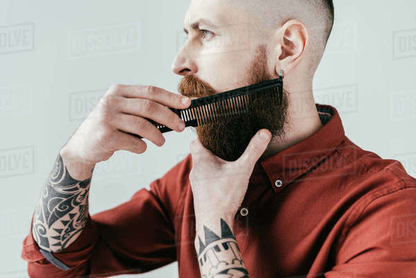 side view of bearded handsome man combing beard isolated on white ...