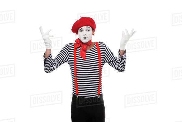 Mime showing shrug gesture isolated on white - Stock Photo - Dissolve