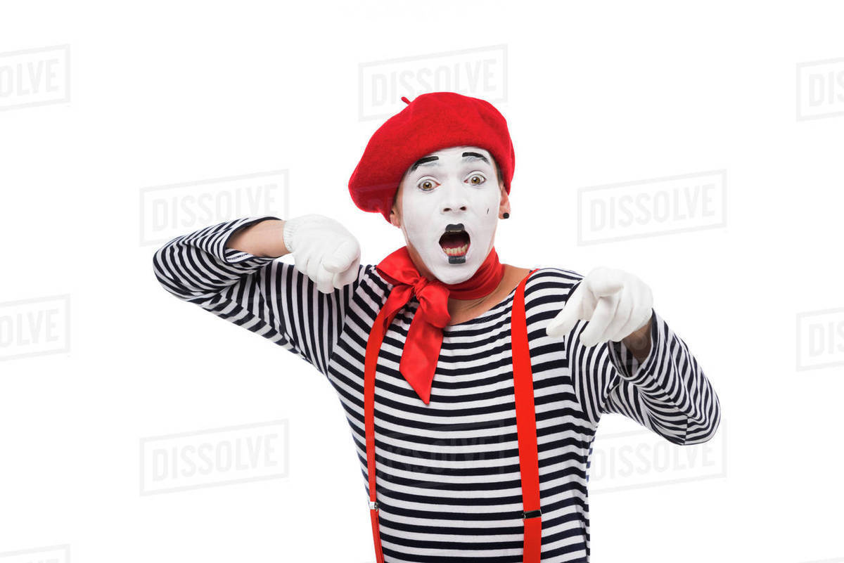 Shocked mime pointing on camera isolated on white - Royalty-free Stock ...