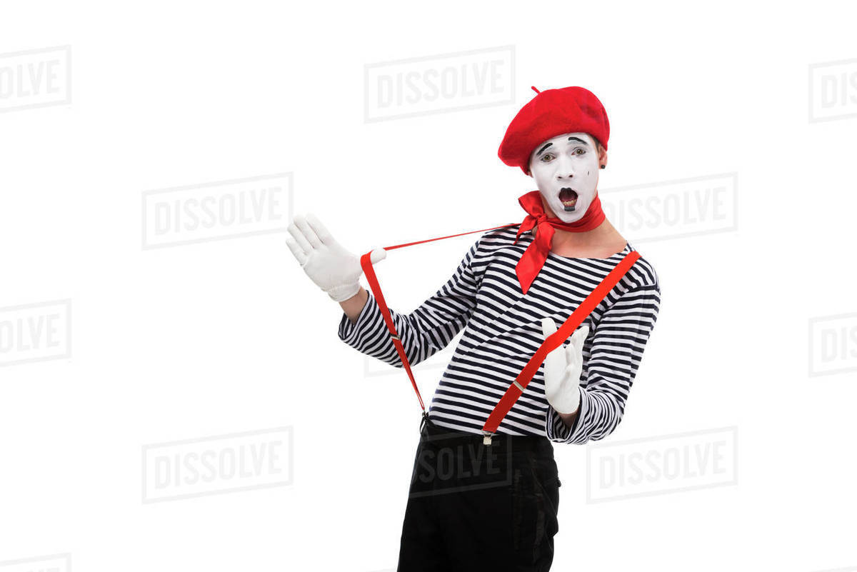 Surprised mime with red suspenders isolated on white - Royalty-free ...
