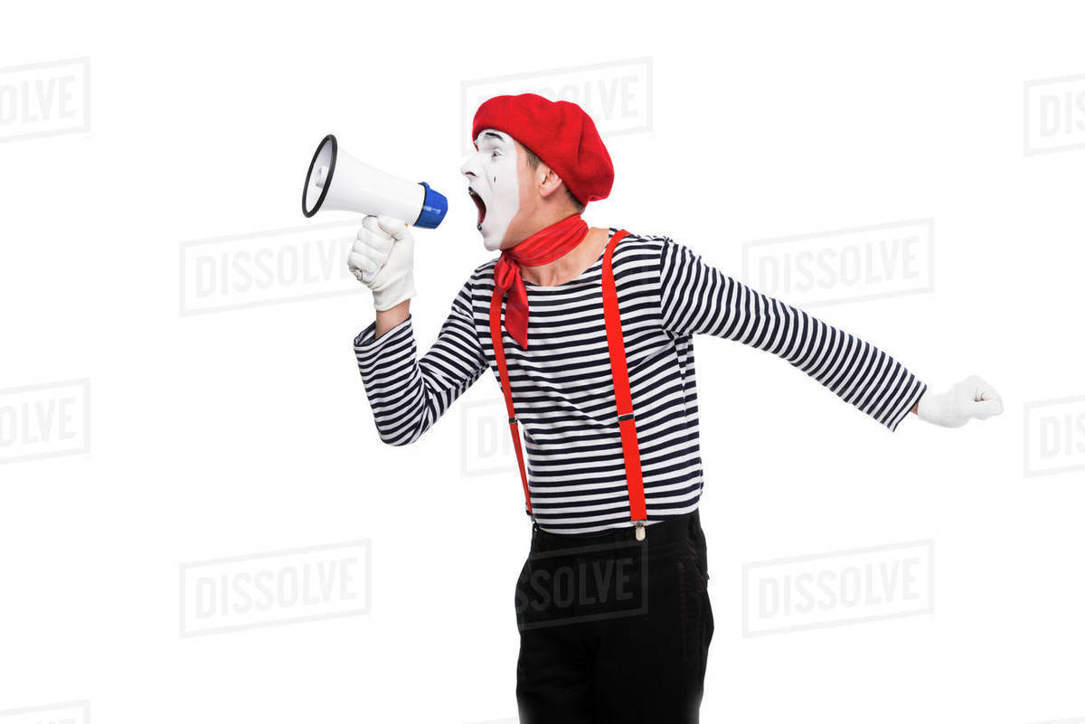 Mime shouting in megaphone isolated on white - Royalty-free Stock Photo ...