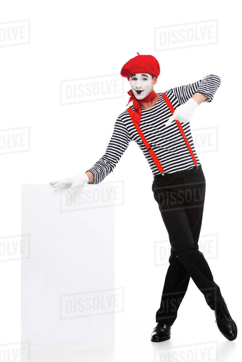 Cheerful mime pointing on empty board isolated on white - Stock Photo ...