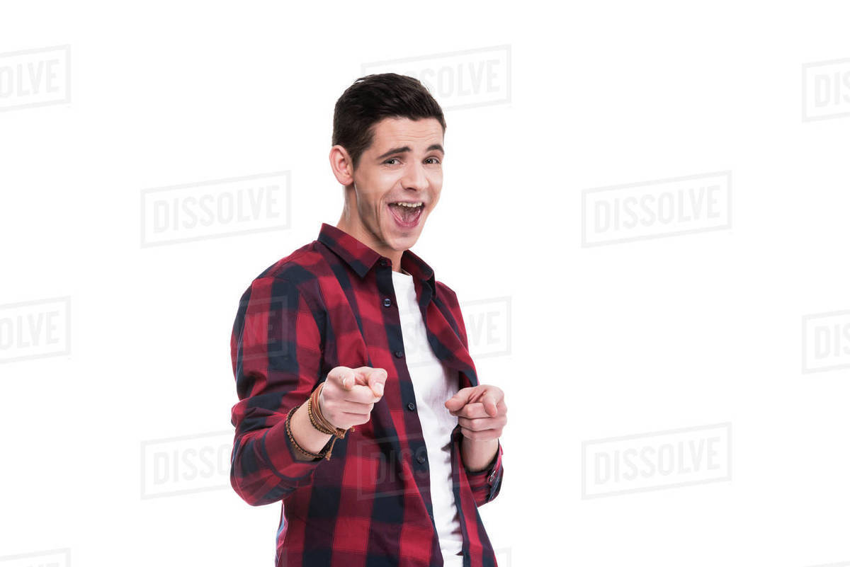 Happy man screaming and pointing on camera isolated on white - Royalty ...