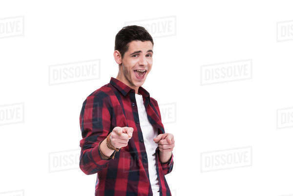 Happy man screaming and pointing on camera isolated on white - Royalty ...