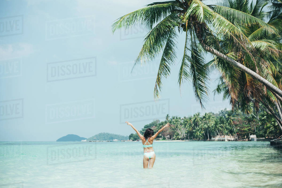 Back view of slim girl in bikini at tropical sea resort - Royalty-free ...