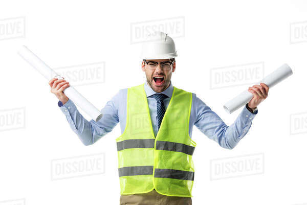 Angry construction worker in reflective vest and hard hat holding ...