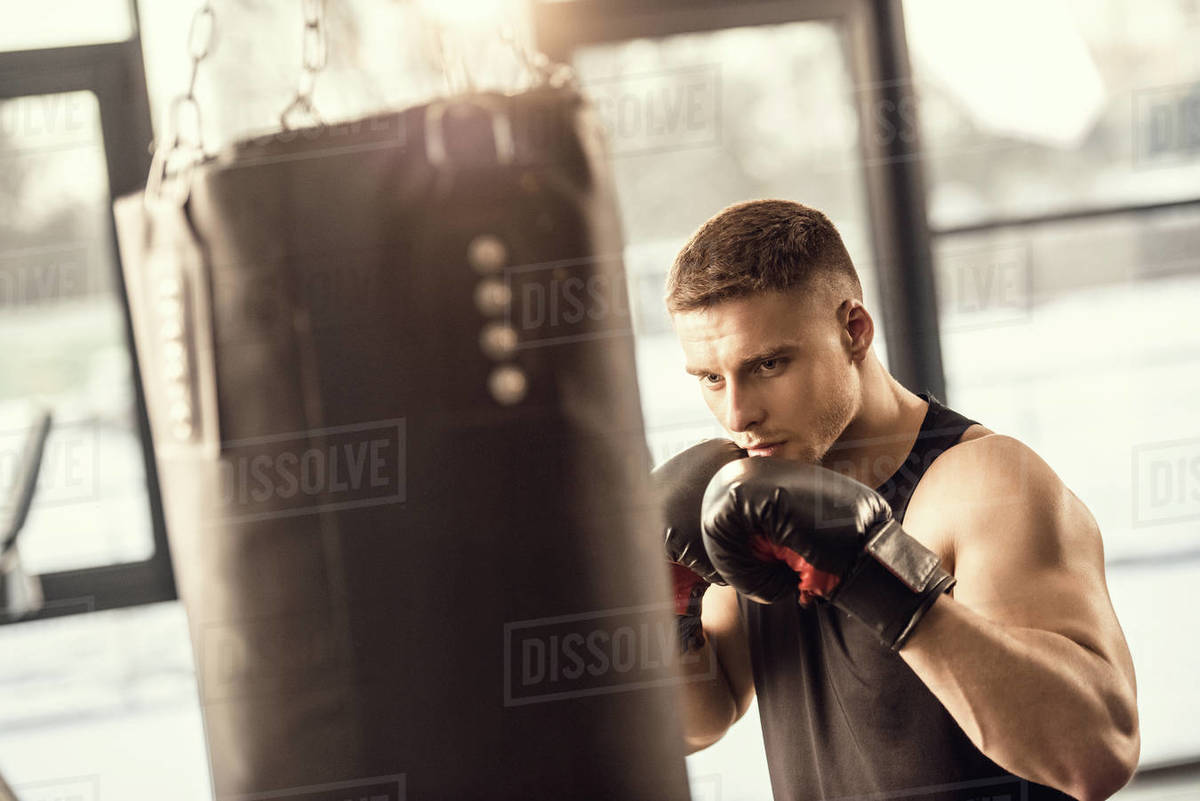 Athletic young man in boxing gloves training with punching bag in gym ...
