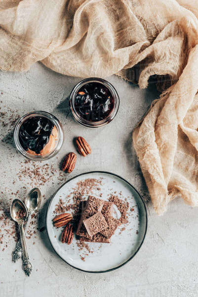 Top view of sweet delicious homemade chocolate desserts on grey - Stock ...