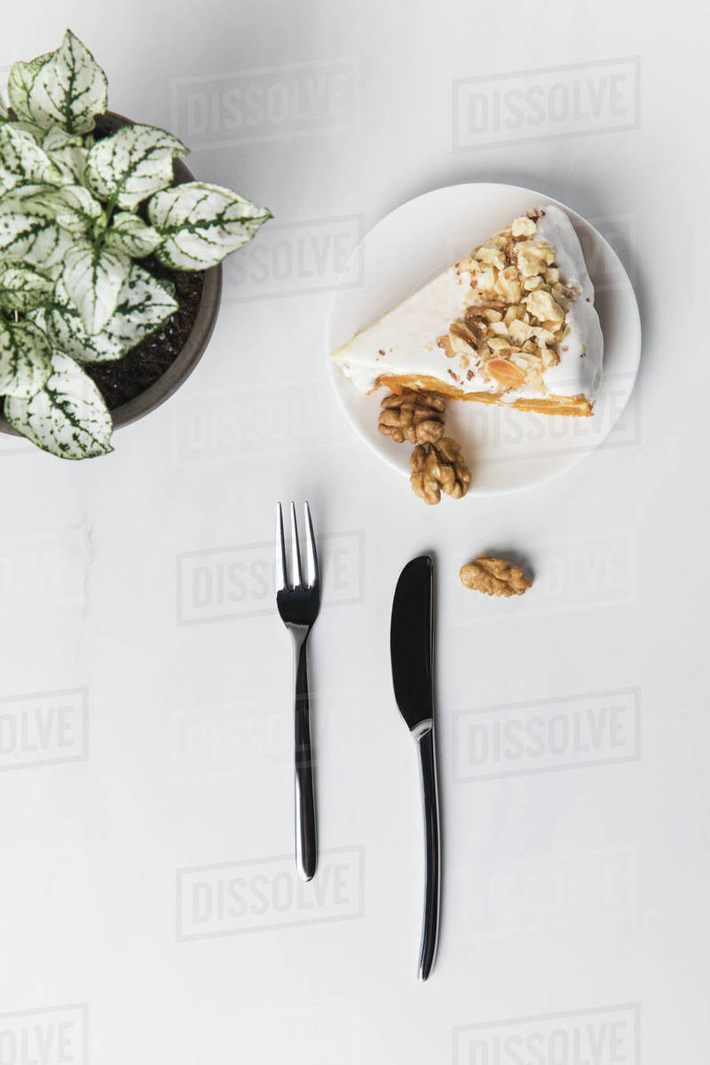 Top view of cake on plate with walnuts and cutlery on grey - Royalty ...
