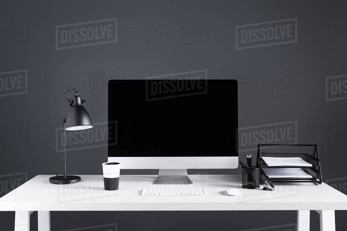 Modern desktop computer with blank screen with keyboard and computer ...