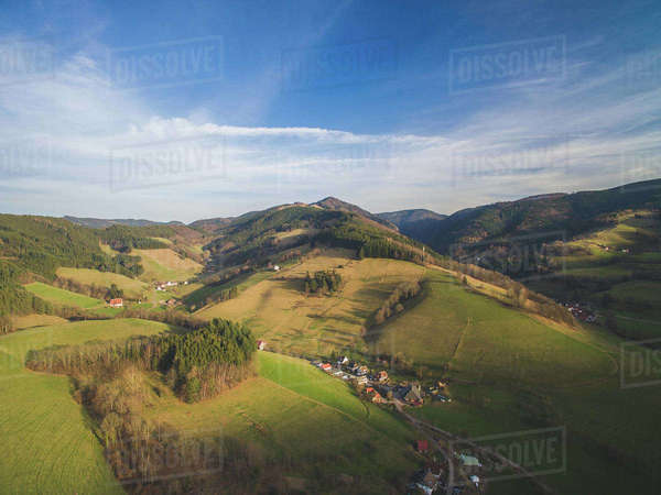 Aerial view of magnificent landscape with houses between hills, Germany ...