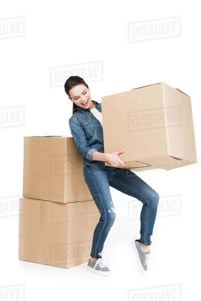 Woman moving with cardboard boxes, isolated on white - Royalty-free ...