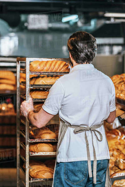 Back view of shop assistant in apron arranging fresh pastry in ...