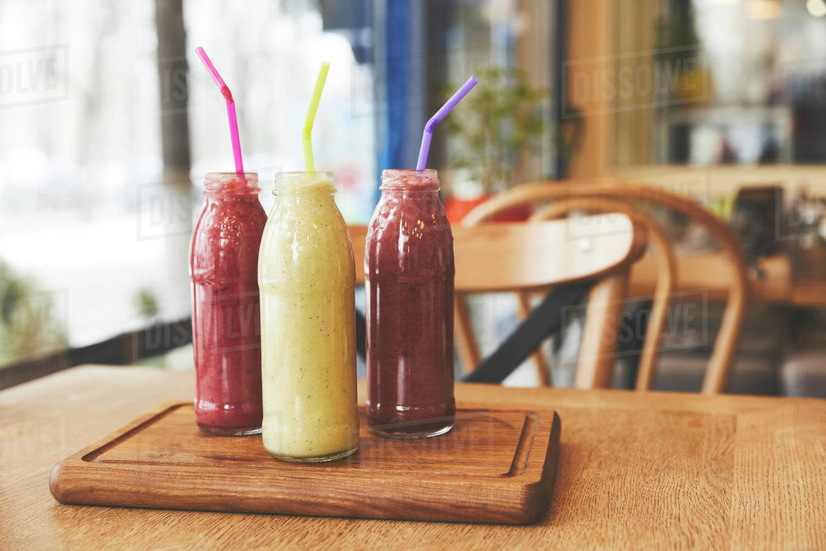 Healthy meal with fruit smoothies on table - Royalty-free Stock Photo ...