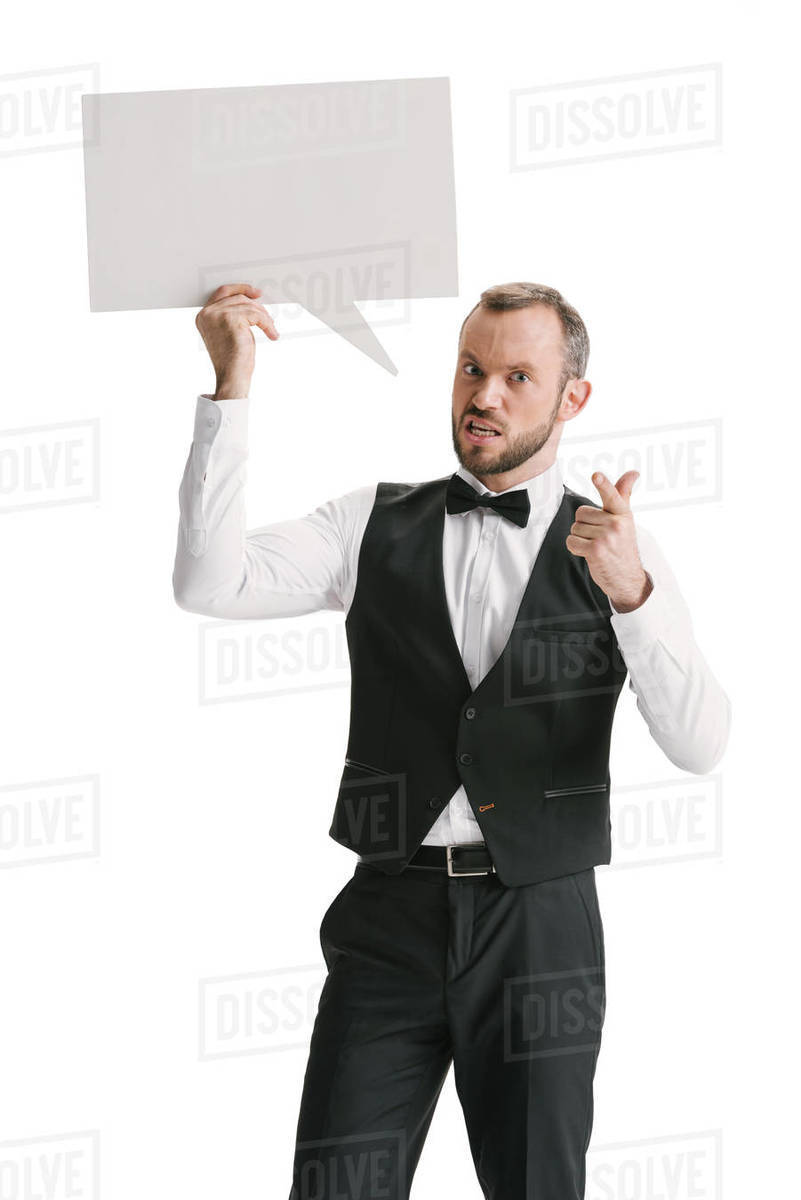 Angry waiter with blank speech bubble isolated on white - Stock Photo ...
