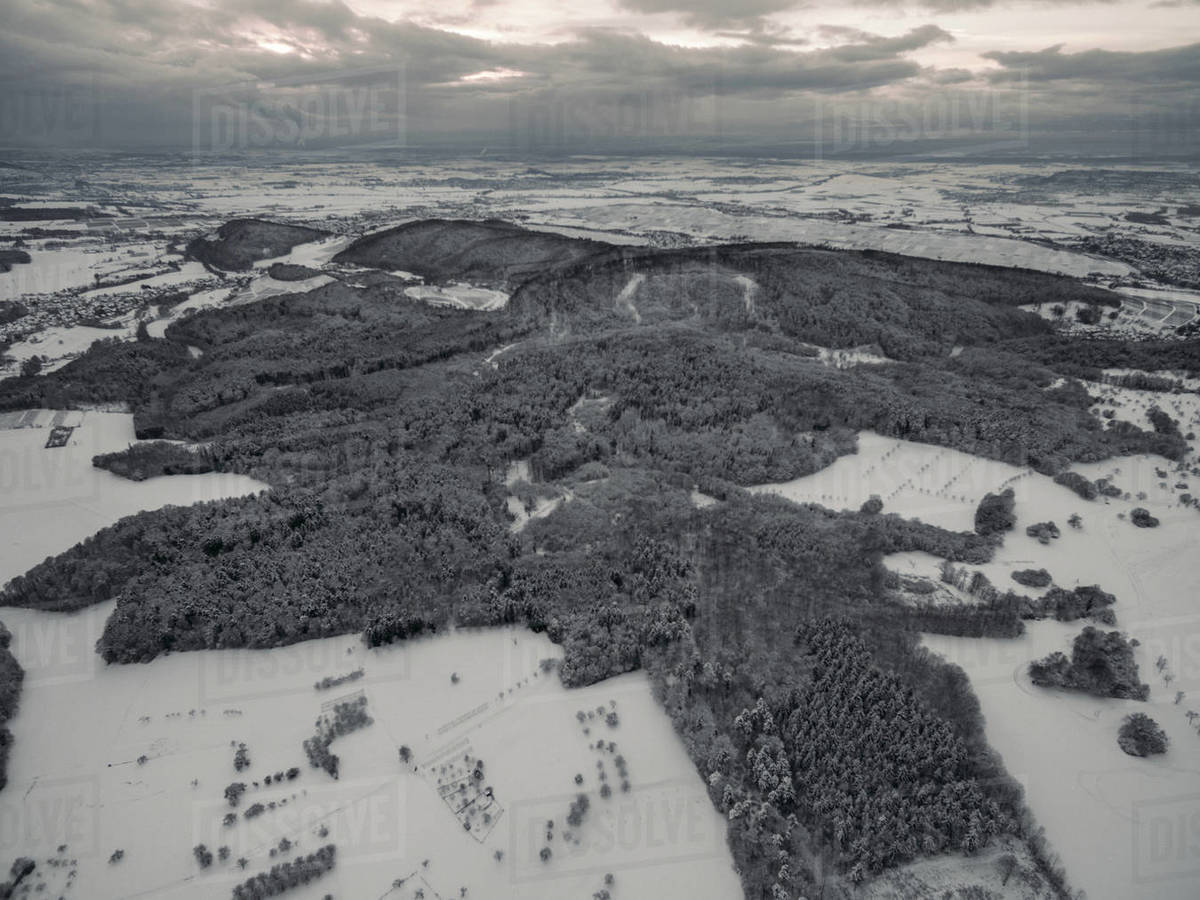 Aerial view of beautiful winter landscape with snow-covered trees and ...