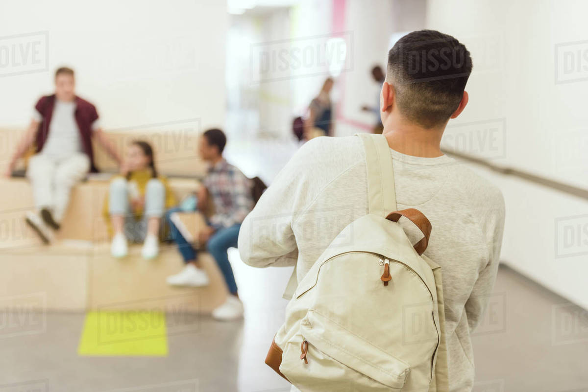 Rear view of high school student standing at school corridor - Stock ...