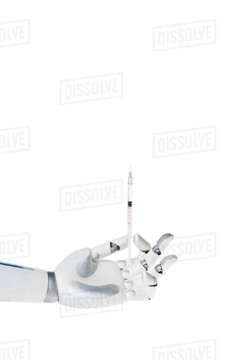 Robot hand holding syringe for injection isolated on white - Royalty ...